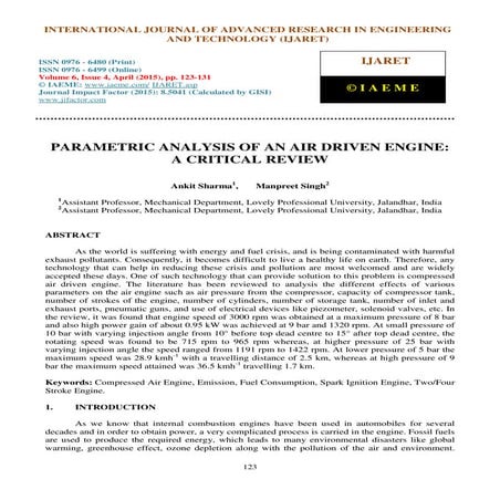 PARAMETRIC ANALYSIS OF AN AIR DRIVEN ENGINE: A CRITICAL REVIEW | PDF