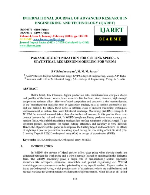Parametric Optimization For Cutting Speed A Statistical Regression