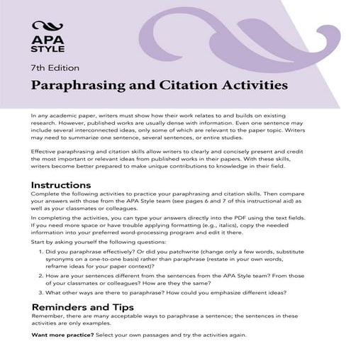 Paraphrasing and citation activities 7th ed. | PDF