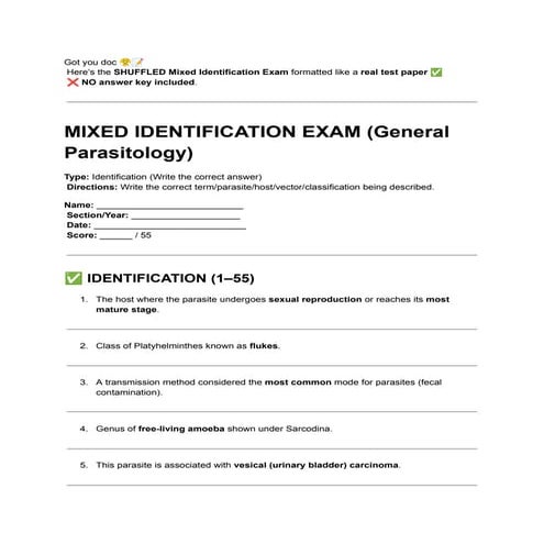 Parasites exam quiz exam identification type | PDF