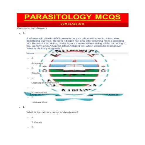 Parasitology questions and answers | DOCX