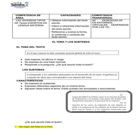 Identificación del tema y los subtemas en el texto | DOCX