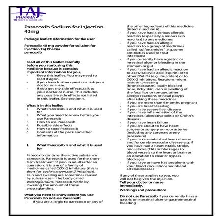 Parecoxib Sodium for Injection Taj Pharma PIL | PDF