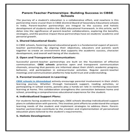 Parent-Teacher Partnerships Building Success in CBSE Schools | DOCX ...
