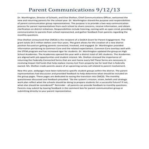 Parent communications notes 9 12-13 | DOCX | Education