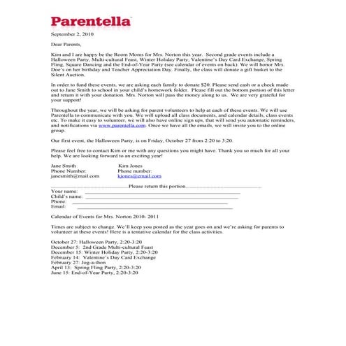 Parentella Sample Room Parent Letter | DOC
