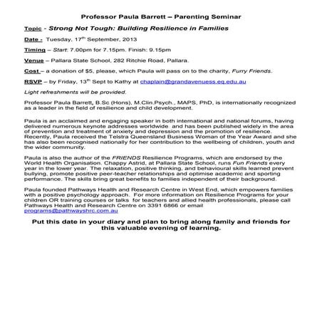 Parenting seminar Professor Paula Barrett | PDF