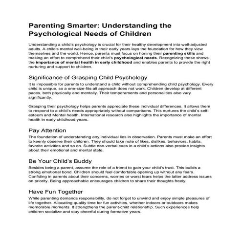 Parenting Smarter: Understanding the Psychological Needs of Children | DOCX