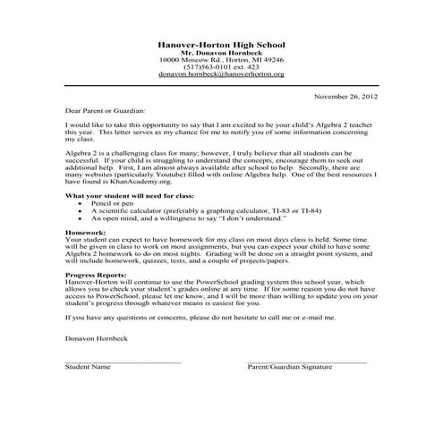 Parent Letter - Algebra 2 | DOC | Homework and Study | Education