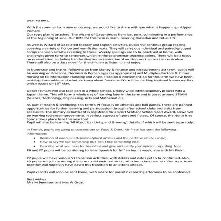 Parent letter term 4 2017 18 (Upper Primary) | PDF