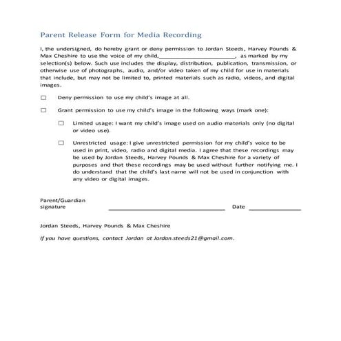 Parent release form for media recording | DOCX