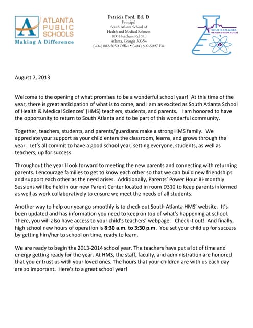 Orientation Meeting Letter-Starters-New Parents | DOC