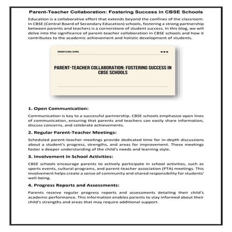 Parent Teacher Collaboration Fostering Success in CBSE Schools | PDF