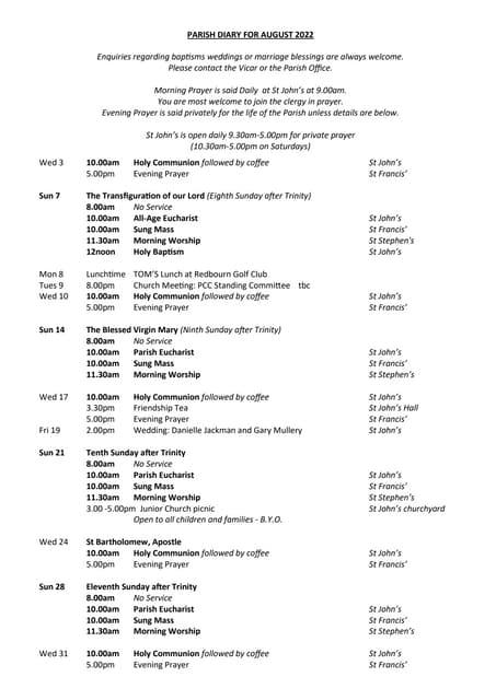 PARISH DIARY FOR SEPTEMBER 2022 | PDF
