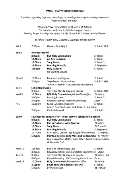PARISH DIARY FOR SEPTEMBER 2022 | PDF