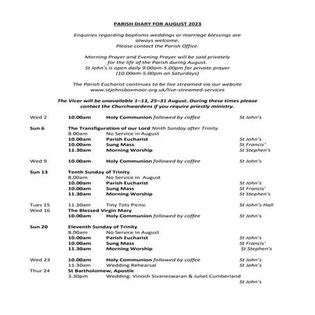 Parish Diary for August 2023 | PDF