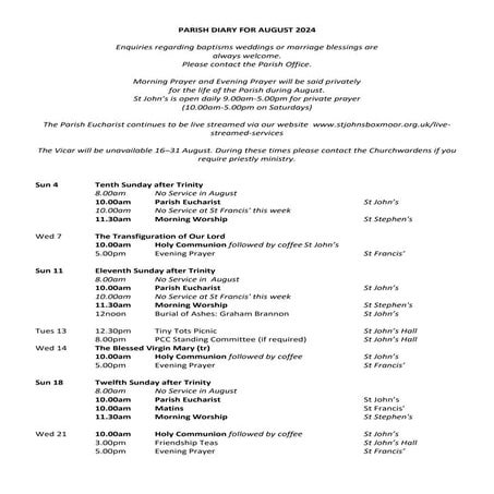 St John's Church Parish Diary for August 24 | PDF