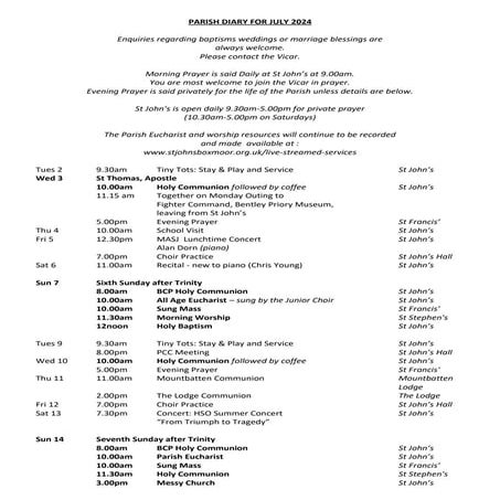 St Johns Parish Diary for July 2024 - web | PDF