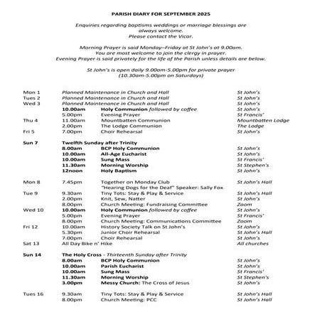 St John's Parish Diary for September 2025 | PDF