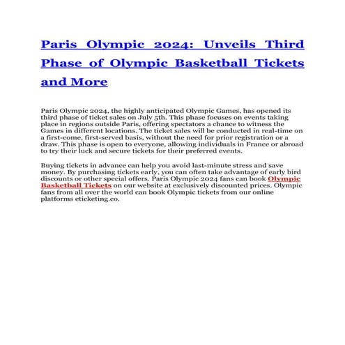 Paris Olympic 2024 Unveils Third Phase of Olympic Basketball Tickets ...