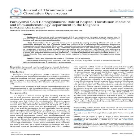 PAROXYSMAL COLD HEMOGLOBINURIA ROLE OF HOSPITAL TRANSFUSION MEDICINE ...