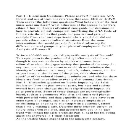 Part 1 - Discussion Questions- Please answer! Please use APA format .docx