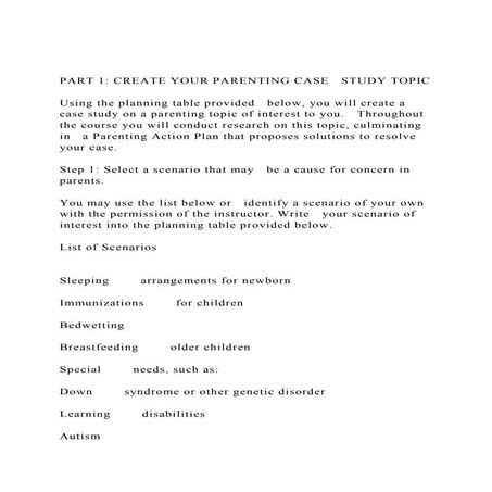 PART 1 CREATE YOUR PARENTING CASE STUDY TOPICUsing the pl.docx
