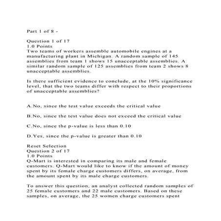 Part 1 of 8 - Question 1 of 171.0 PointsTwo teams of worke.docx