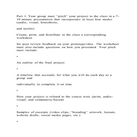 Part 1 Your group must pitch” your project to the class in a 7-10 | DOCX