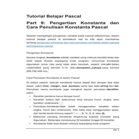 Part 9 pengertian konstanta dan cara penulisan konstanta pascal | PDF