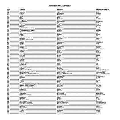 Partes del cuerpo body parts | DOCX