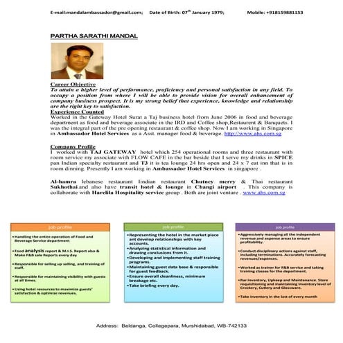 Partha resume | PDF | Hotels and Motels | Travel Type