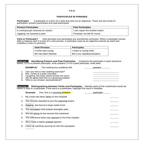 Participles in Phrases - english lesson- Present and Past participles | DOC