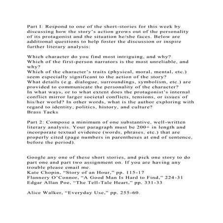 Part I Respond to one of the short-stories for this week by discuss.docx