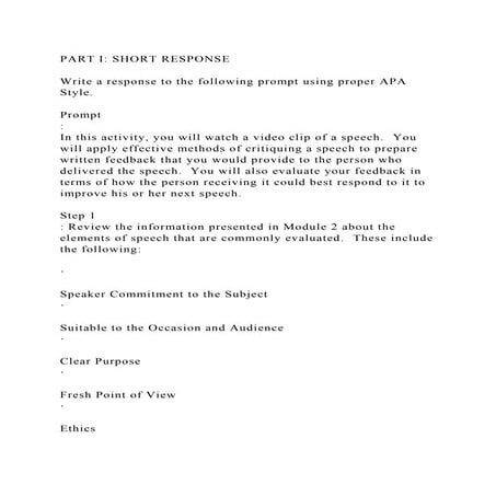 PART I SHORT RESPONSEWrite a response to the following prompt u.docx