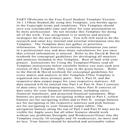 PART IWelcome to the Free Excel Student Template Version 16.1.11De.docx