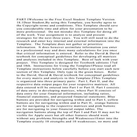 PART IWelcome to the Free Excel Student Template Version 18.1Dear .docx