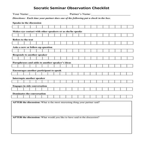 Socratic Seminar Partner Evaluation rubric | PDF