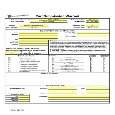 Part sbumission warrant from hi precision | PDF