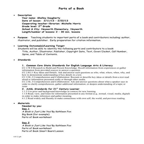 Parts of a book lesson 2nd | DOC