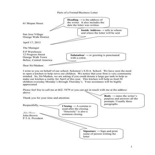 Parts of a formal letter handout | DOC
