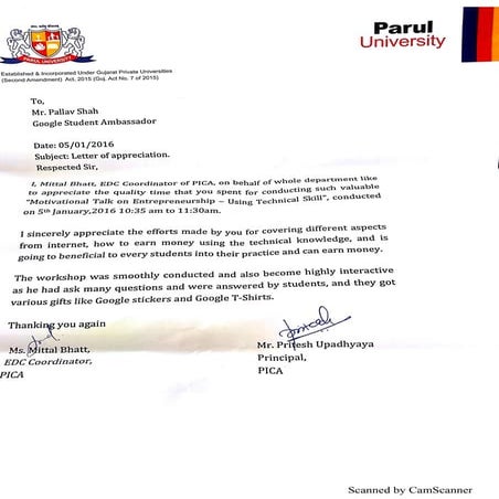 Appreciation Letter from Parul Letter | PDF