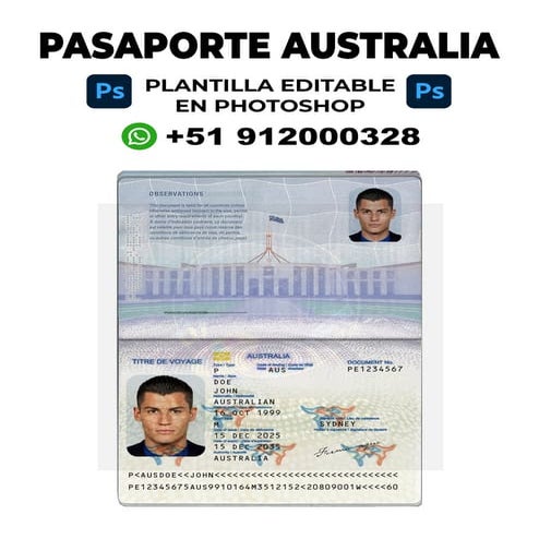 Pasaporte Australia Plantilla editable en Photoshop | PDF