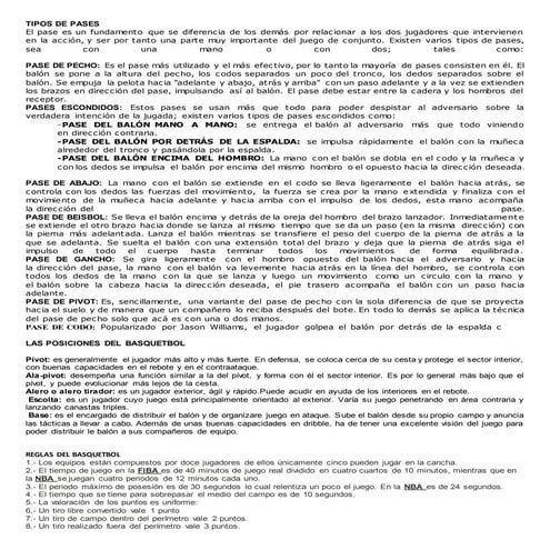 Pases, posiciones y regas de basquetbol | DOCX
