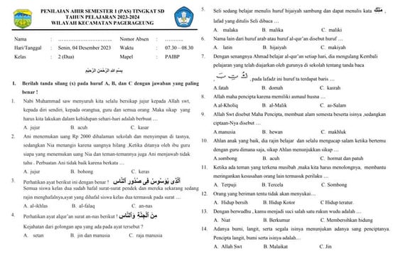 Soal uas pai kelas 2 sd semester 2 dan kunci jawabaan(1) | PDF