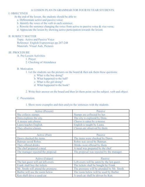Semi-Detailed Lesson Plan - Active and Passive Voice (Junior High ...