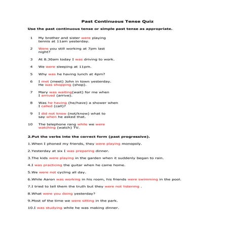 Past continuous tense quiz key | DOC