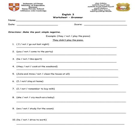 Grammar worksheet - Past simple negative | DOCX