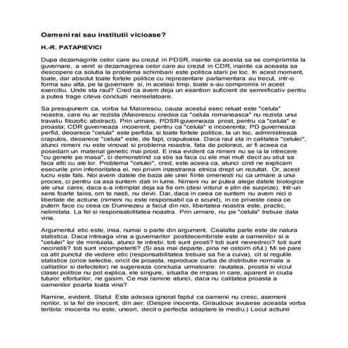 Patapievici, horia roman - oameni rai sau institutii vicioase | PDF