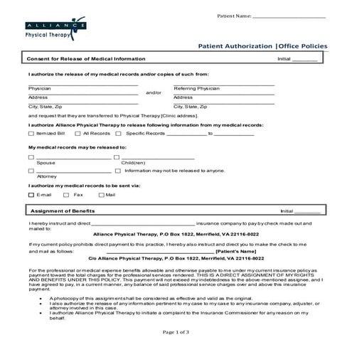 Patient Consent Form | Alliance Physical Therapy | PDF